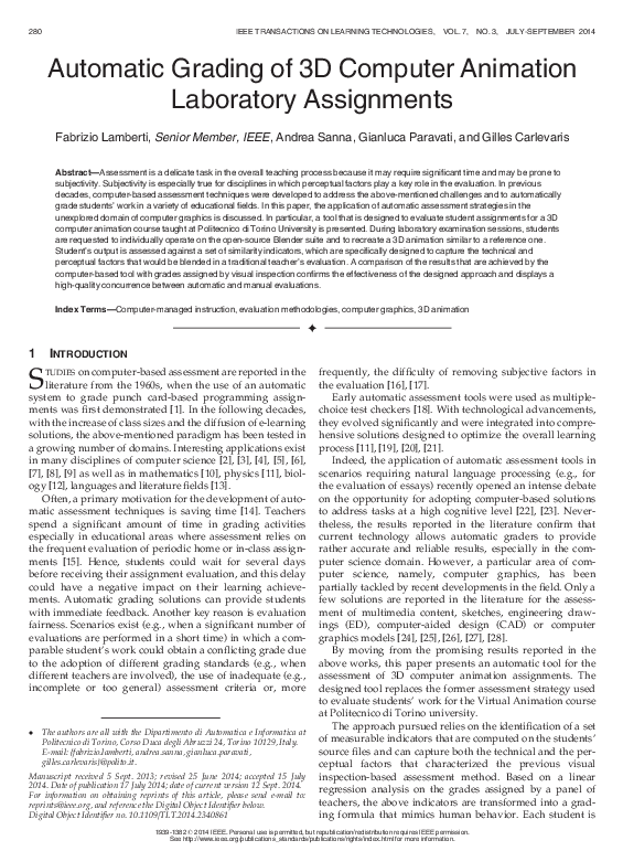 (PDF) Automatic Grading of 3D Computer Animation Laboratory Assignments