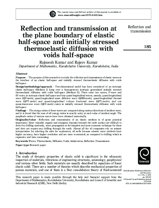 (PDF) Reflection and transmission at the plane boundary of elastic half ...