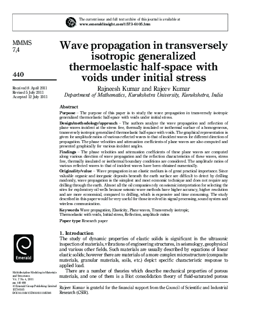 Pdf Wave Propagation In Transversely Isotropic Generalized Thermoelastic Half‐space With Voids