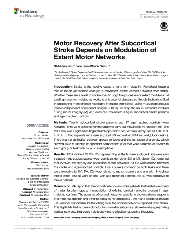 (PDF) Motor Recovery After Subcortical Stroke Depends on Modulation of ...