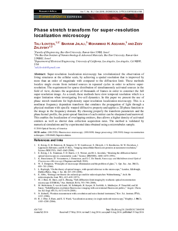 Pdf Phase Stretch Transform For Super Resolution Localization Microscopy Tali Ilovitsh