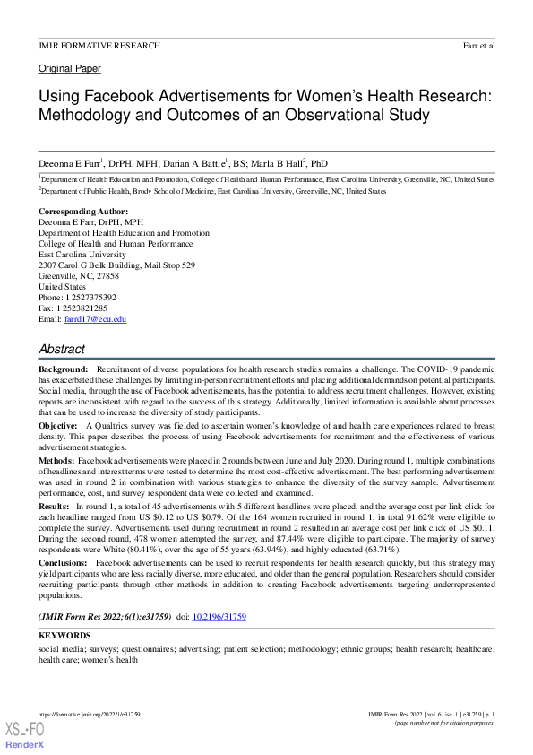 (PDF) Using Facebook Advertisements for Women’s Health Research ...
