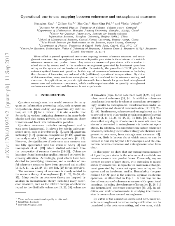 (PDF) Operational one-to-one mapping between coherence and entanglement ...
