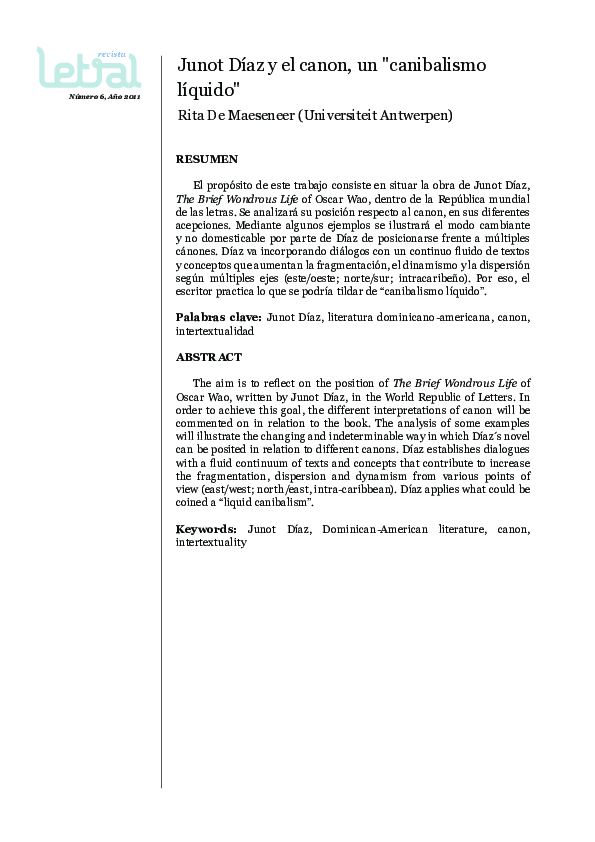 (PDF) Junot Díaz y el canon, un “canibalismo líquido”