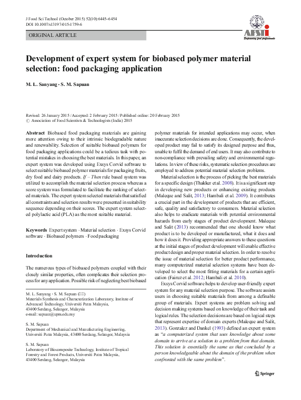 (PDF) Development of expert system for biobased polymer material selection: food packaging ...