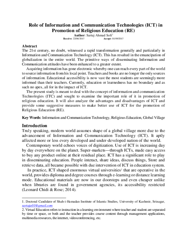 (PDF) Role of Information and Communication Technologies (ICT) in Promotion of Religious ...