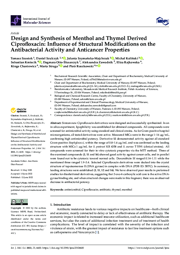 (PDF) Design and Synthesis of Menthol and Thymol Derived Ciprofloxacin: Influence of Structural ...