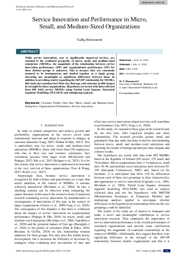 (PDF) Service Innovation and Performance in Micro, Small, and Medium ...