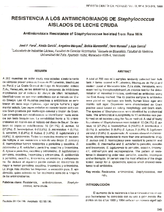 (PDF) Resistencia a los antimicrobianos de Staphylococcus aislados de leche cruda