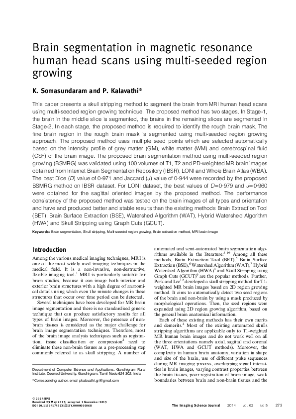 Pdf Brain Segmentation In Magnetic Resonance Human Head Scans Using Multi Seeded Region