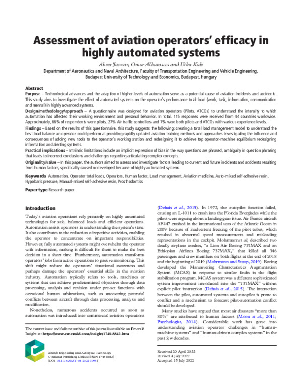 (PDF) Assessment of aviation operators' efficacy in highly automated ...