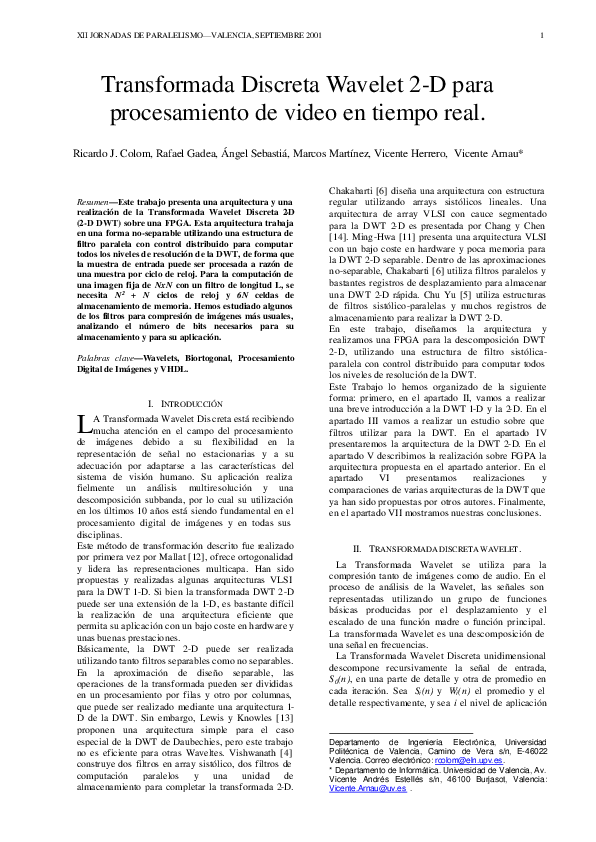 (PDF) Transformada Discreta Wavelet 2-D para procesamiento de video en tiempo real