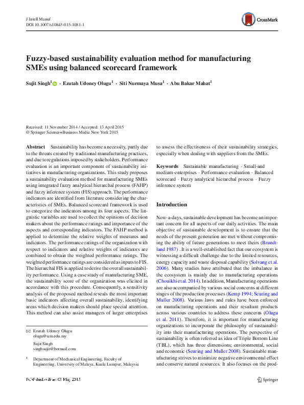 (PDF) Fuzzy-based sustainability evaluation method for manufacturing SMEs using balanced ...
