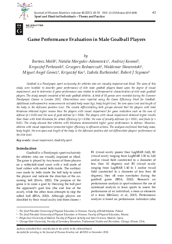 (PDF) Game Performance Evaluation in Male Goalball Players