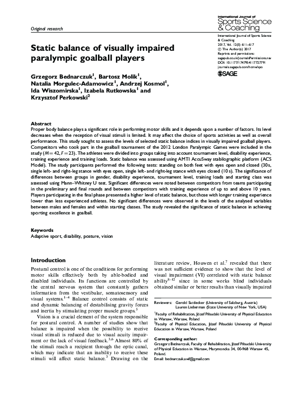 (PDF) Static balance of visually impaired paralympic goalball players