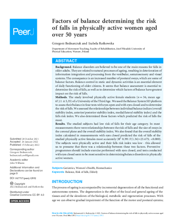 (PDF) Factors of balance determining the risk of falls in physically ...