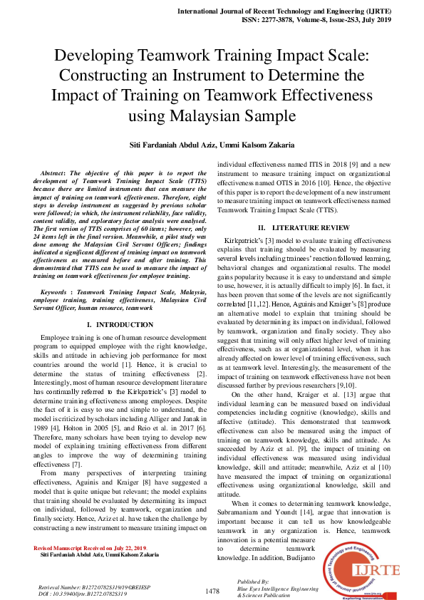 (PDF) Developing Teamwork Training Impact Scale: Constructing an Instrument to Determine the ...