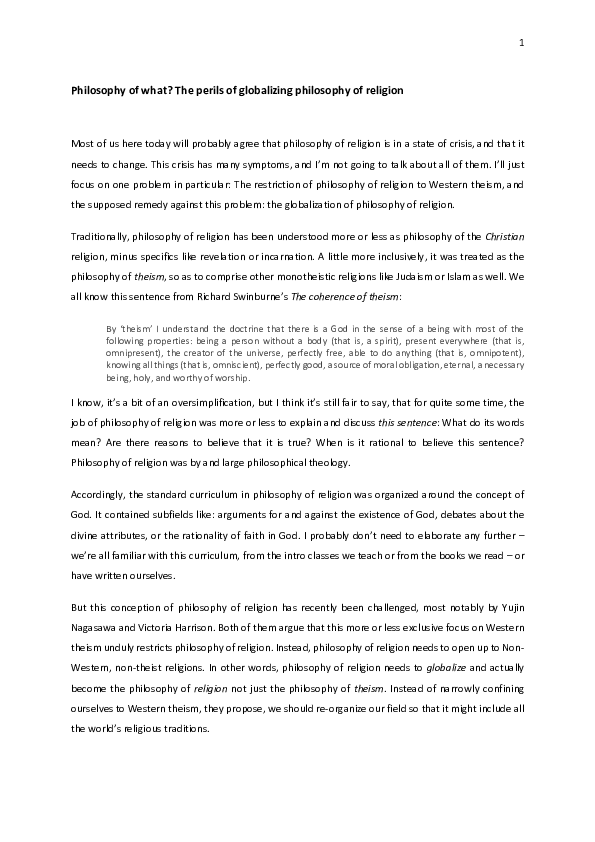 (PDF) Philosophy of what? The perils of globalizing philosophy of religion