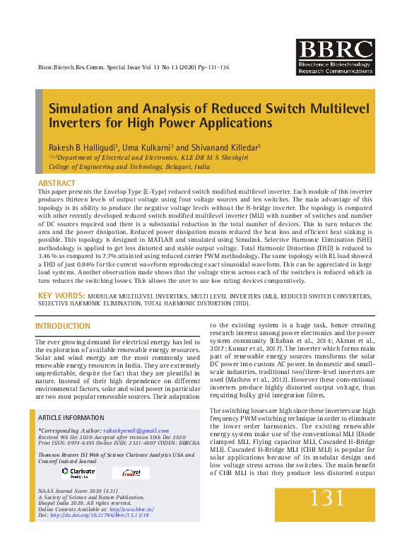 (PDF) Simulation and Analysis of Reduced Switch Multilevel Inverters for High Power Applications