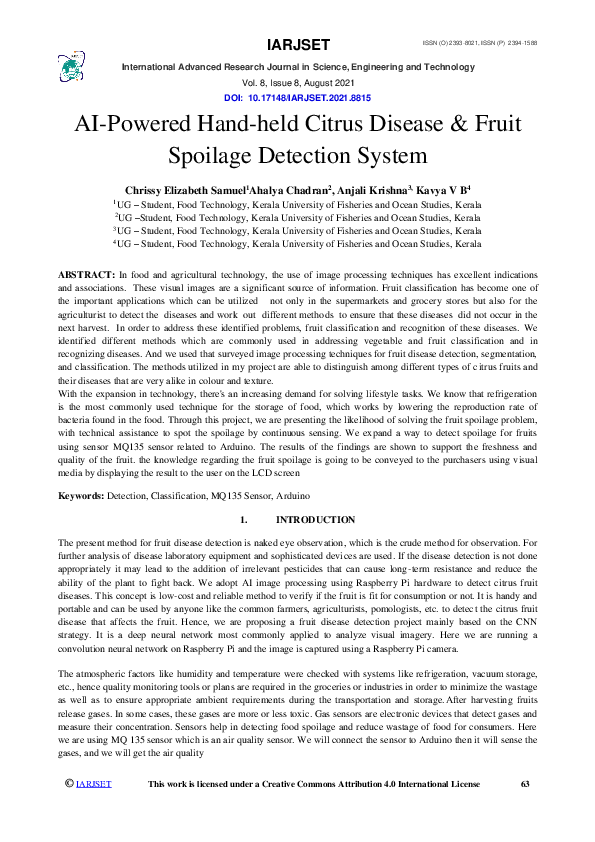 Pdf Ai Powered Hand Held Citrus Disease Fruit Spoilage Detection System