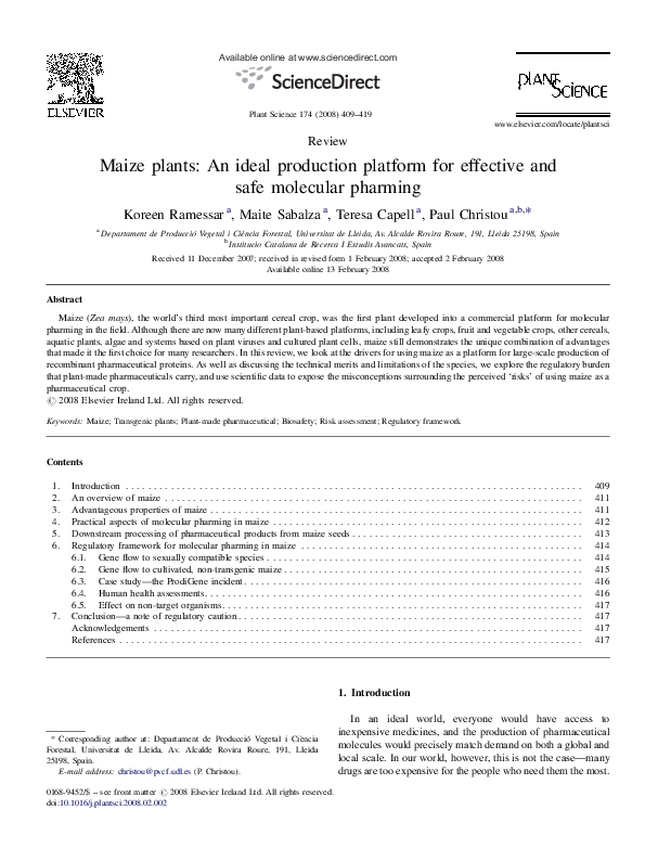 (PDF) Maize plants: An ideal production platform for effective and safe ...