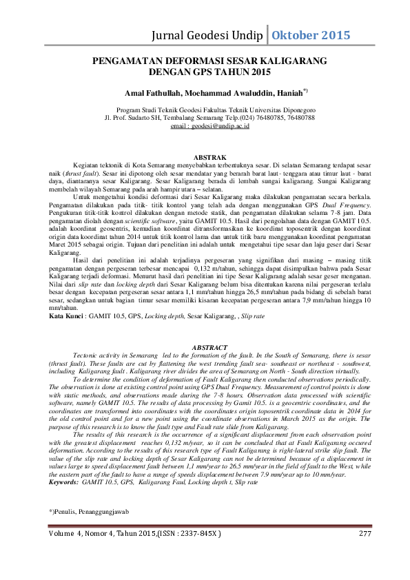 (PDF) Pengamatan Deformasi Sesar Kaligarang Dengan GPS Tahun 2015