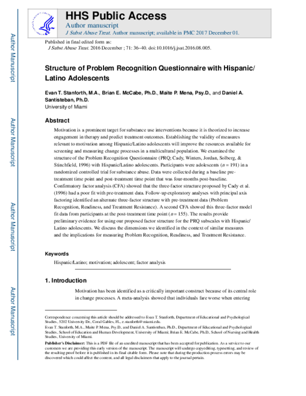 (PDF) Structure of Problem Recognition Questionnaire with Hispanic ...