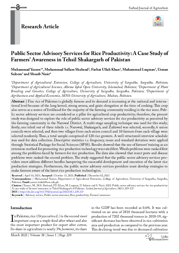 (PDF) Public Sector Advisory Services for Rice Productivity: A Case ...