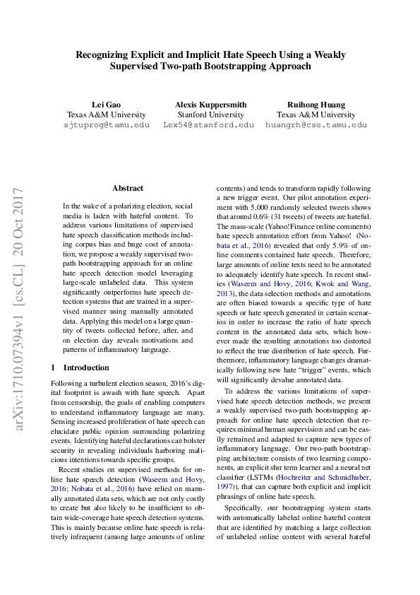 (PDF) Recognizing Explicit and Implicit Hate Speech Using a Weakly Supervised Two-path ...