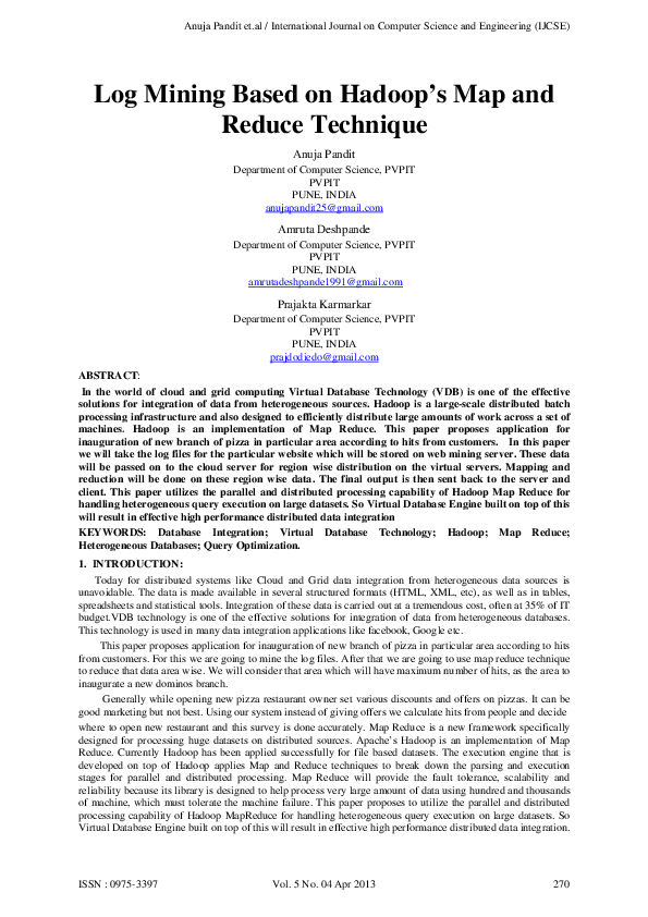 (PDF) Log Mining Based on Hadoop's Map and Reduce Technique