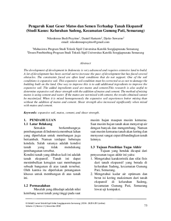 (PDF) Pengaruh Kuat Geser Matos dan Semen Terhadap Tanah Ekspansif | Djoko Suwarno - Academia.edu