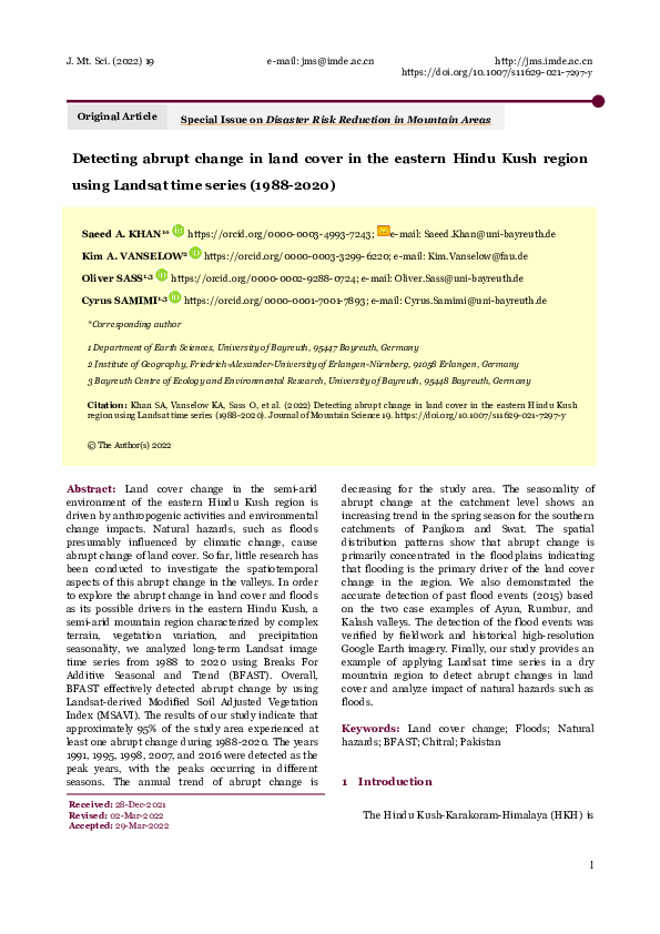 (PDF) Detecting abrupt change in land cover in the eastern Hindu Kush region using Landsat time ...