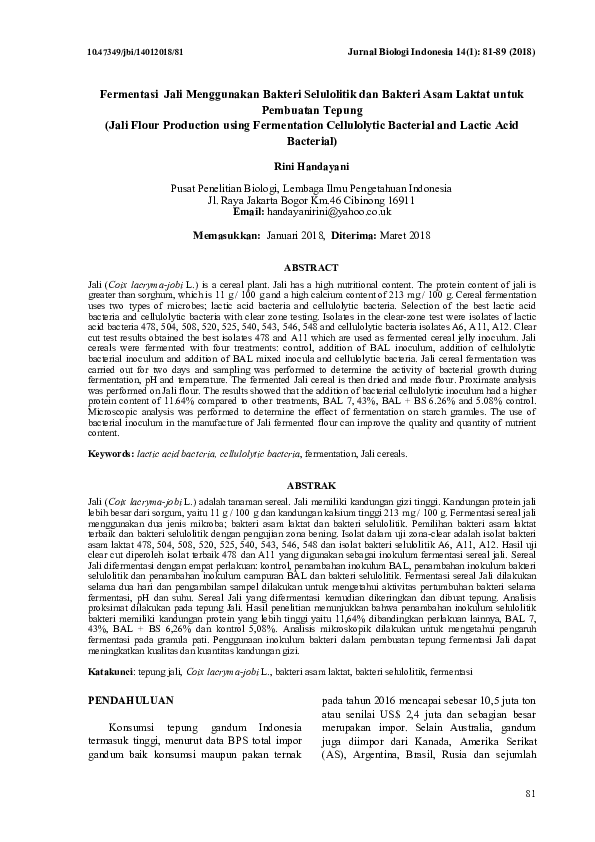 (PDF) Fermentasi Jali Menggunakan Bakteri Selulolitik dan Bakteri Asam Laktat untuk Pembuatan Tepung