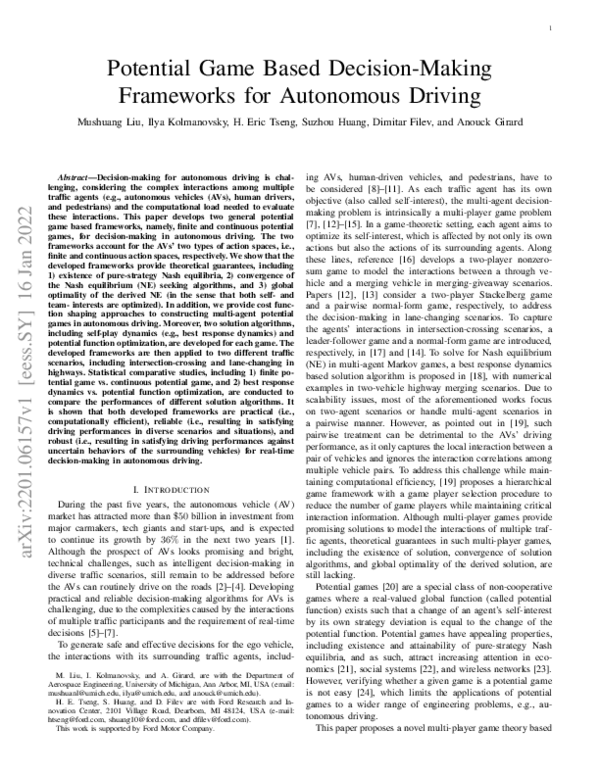 (PDF) Potential Game Based Decision-Making Frameworks for Autonomous Driving