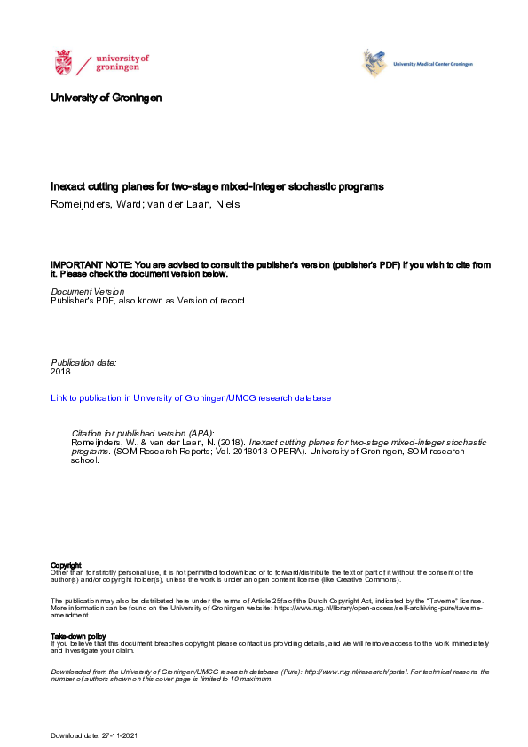 (PDF) Inexact cutting planes for two-stage mixed-integer stochastic programs