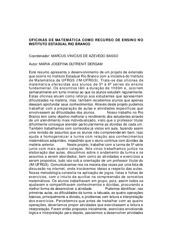 (PDF) Oficinas De Matemática Como Recurso De Ensino No Instituto ...