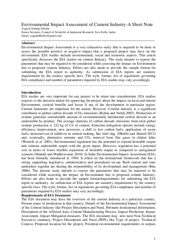 (PDF) Environmental Impact Assessment of Cement Industry - A Short Note