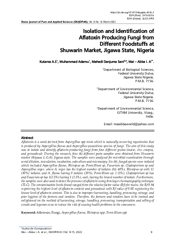 (PDF) Isolation and identification of aflatoxin producing fungi from different foodstuffs at ...