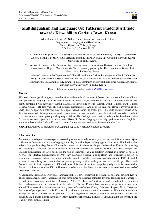 (PDF) Multilingualism and Language Use Patterns: Students Attitude towards Kiswahili in Garissa ...