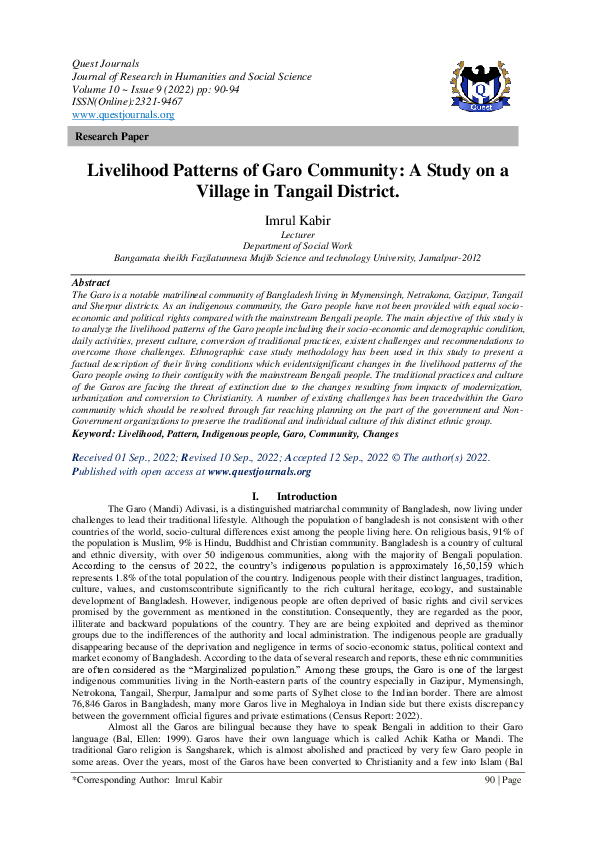 (PDF) Livelihood Patterns of Garo Community: A Study on a Village in ...