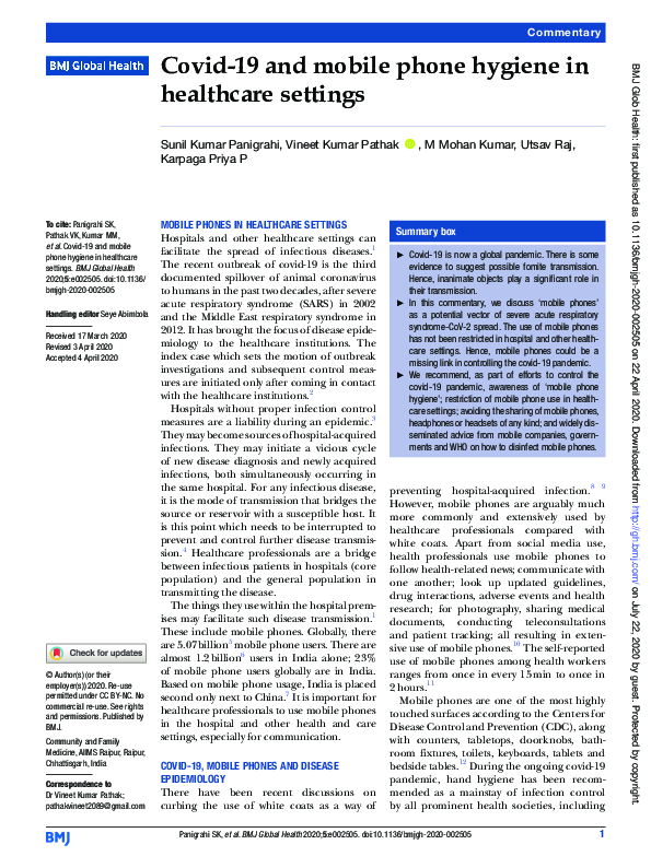 (PDF) Covid-19 and mobile phone hygiene in healthcare settings | Vineet ...