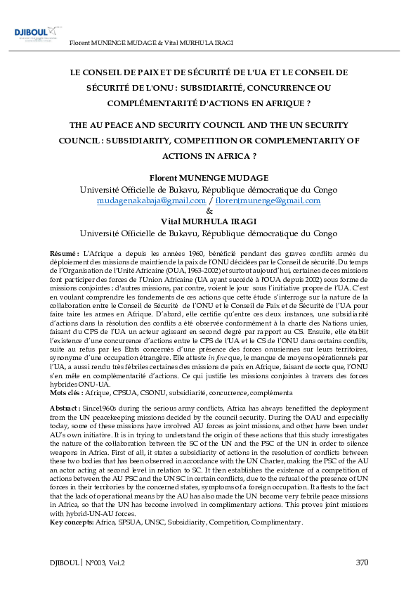 (PDF) LE CONSEIL DE PAIX ET DE SÉCURITÉ DE L'UA ET LE CONSEIL DE SÉCURITÉ DE L'ONU ...