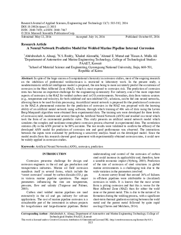 (PDF) A Neural Network Predictive Model for Welded Marine Pipeline Internal Corrosion