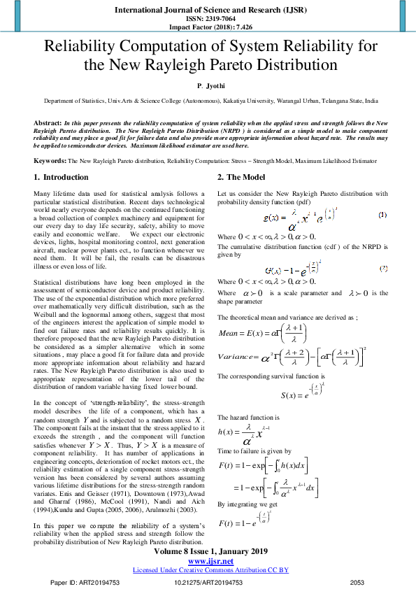 (PDF) Reliability Computation of System Reliability for the New Rayleigh Pareto Distribution