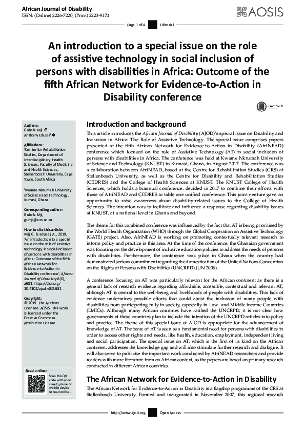 (PDF) An introduction to a special issue on the role of assistive ...