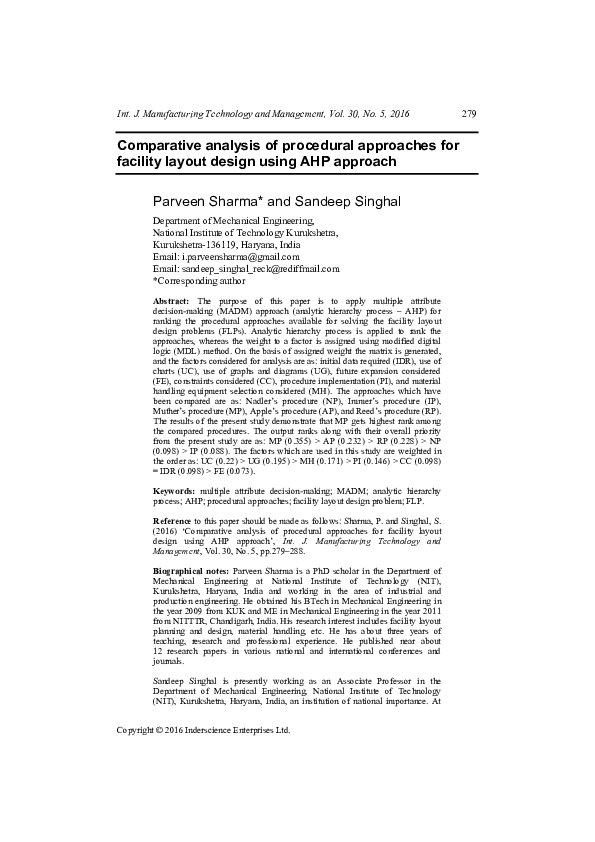 Pdf Comparative Analysis Of Procedural Approaches For Facility Layout Design Using Ahp Approach