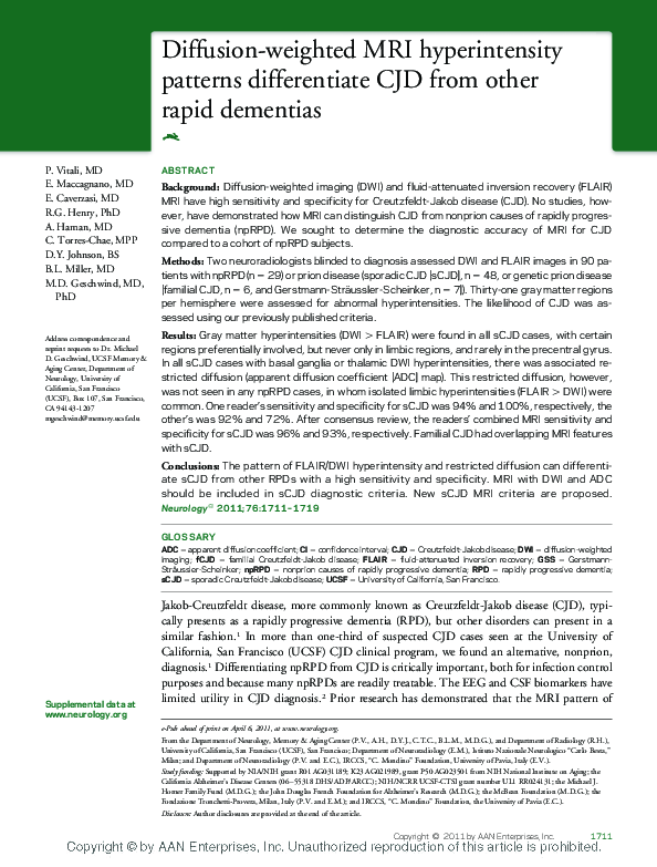 (PDF) MRI Patterns Distinguish CJD from Dementias