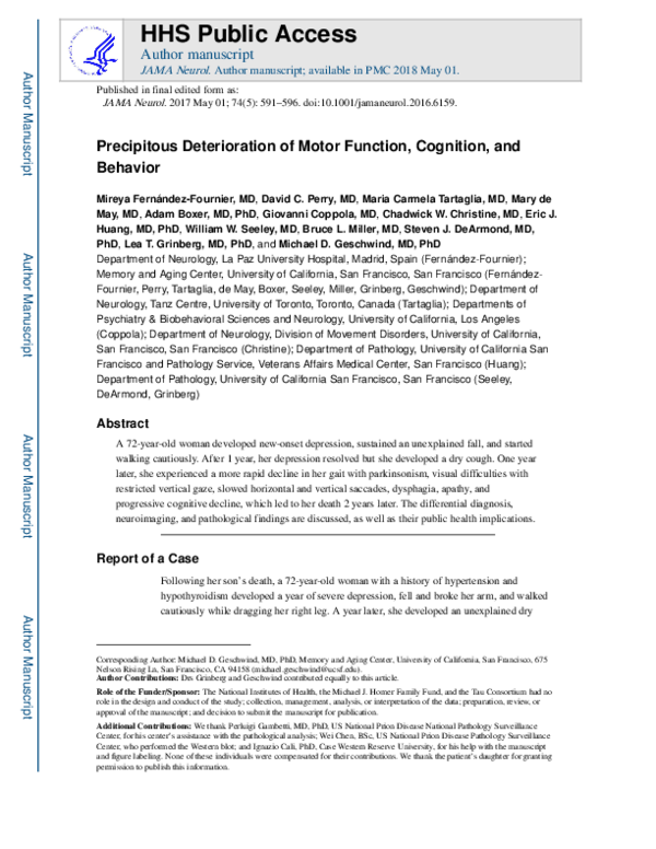 (PDF) Precipitous Deterioration of Motor Function, Cognition, and Behavior