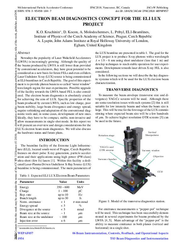(PDF) Electron Beam Diagnostics Concept for the ELI LUX Project