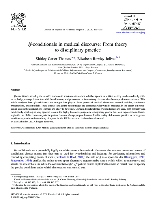 (PDF) If-conditionals in medical discourse: From theory to disciplinary ...